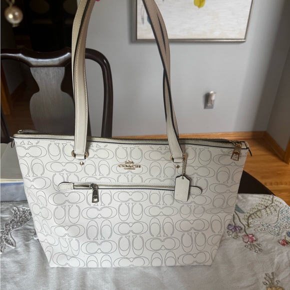 Coach | Bags | Coach Cream Signature Tote With Leather Accents | Poshmark